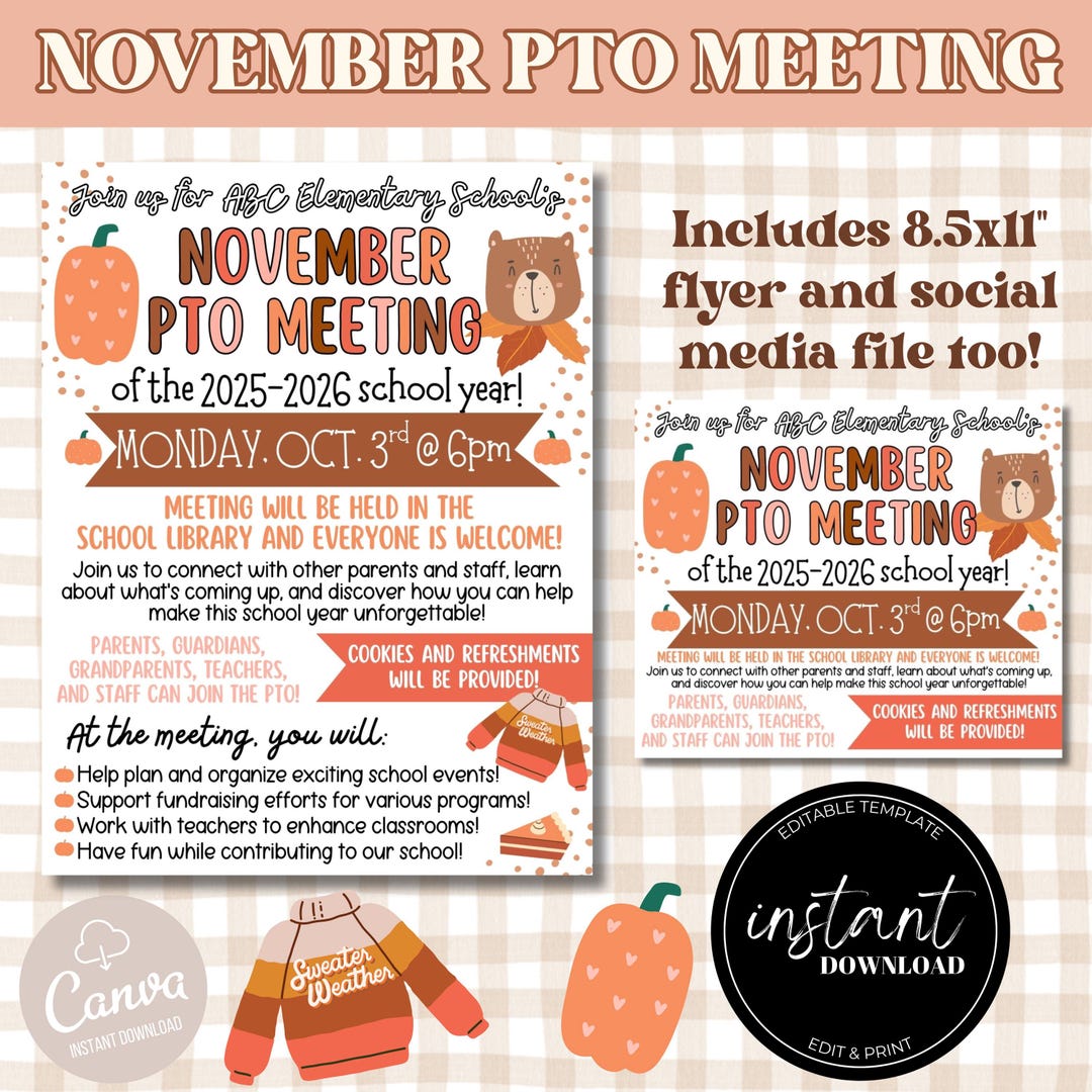 November PTO Meeting Flyer Template: Editable Canva Design (digital ...
