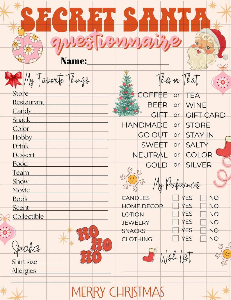 Retro Secret Santa Questionnaire: Printable Christmas Party Game ...