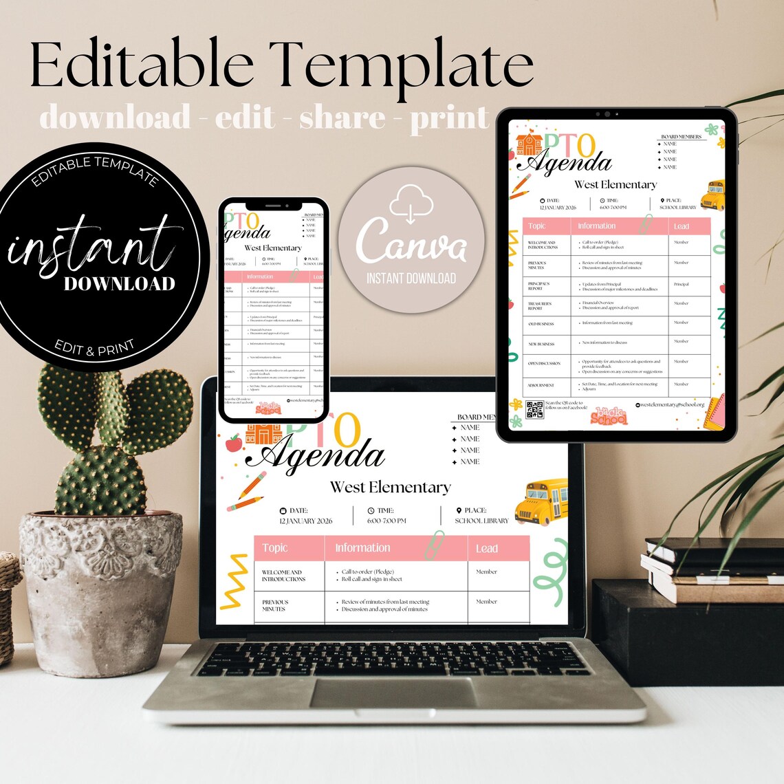 Agenda Template, PTO, PTA, Meeting, Minutes, Canva Template, School ...