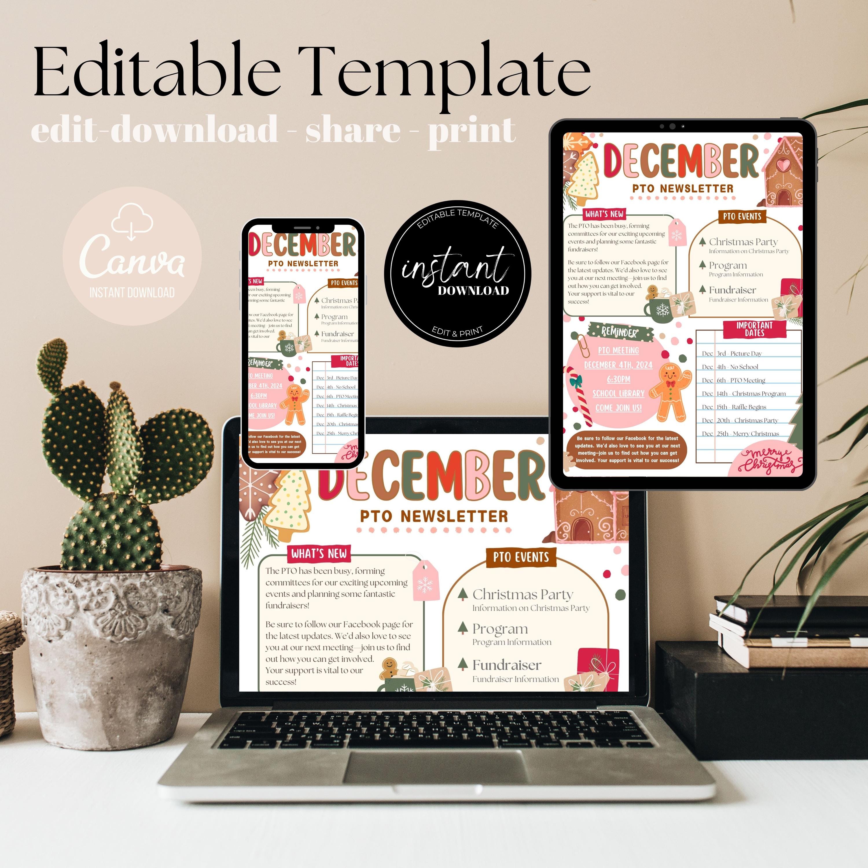 December Newsletter, PTO, PTA, Classroom Information, Editable Canva ...