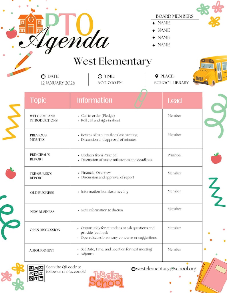 Agenda Template, PTO, PTA, Meeting, Minutes, Canva Template, School ...