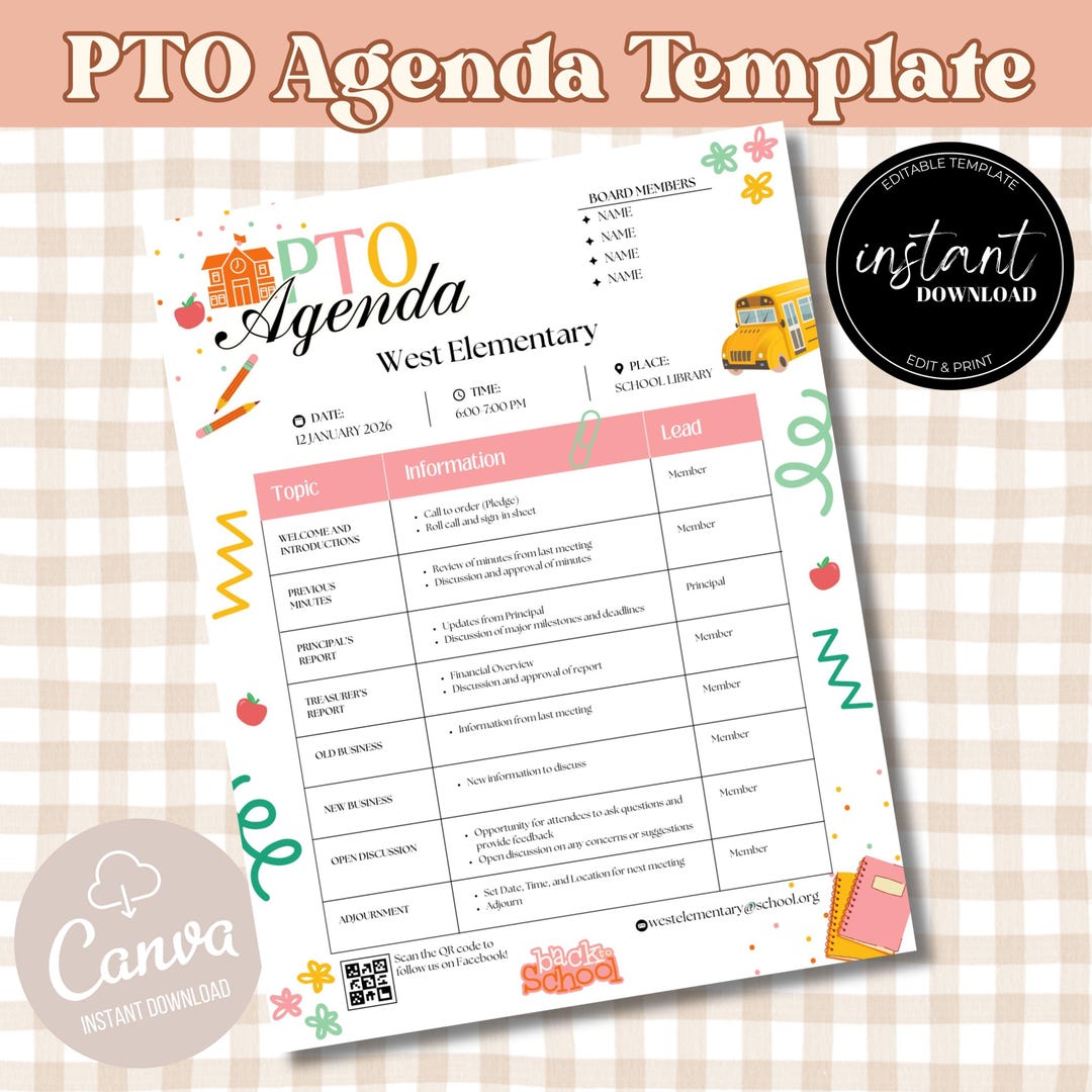 Agenda Template, PTO, PTA, Meeting, Minutes, Canva Template, School ...