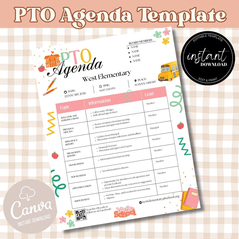 Agenda Template, PTO, PTA, Meeting, Minutes, Canva Template, School ...