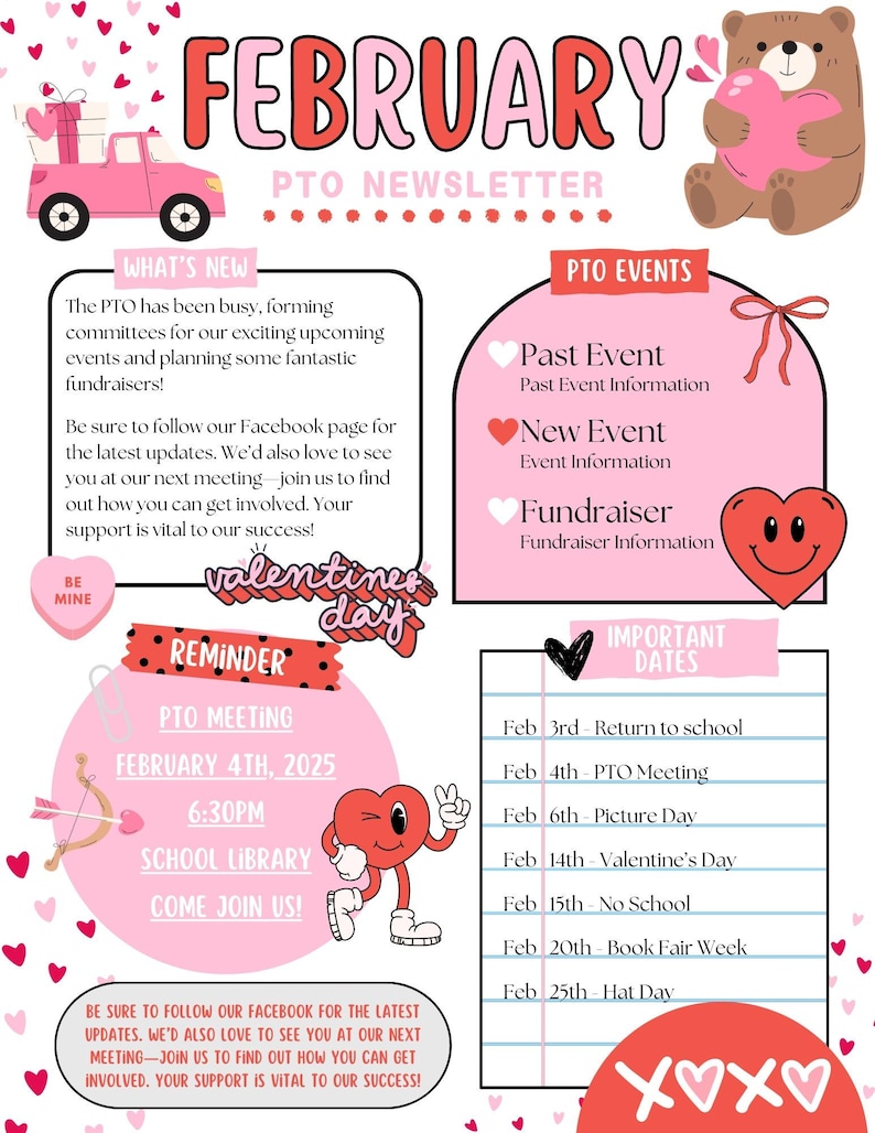 February Newsletter, PTO, PTA, Classroom Information, Canva Template ...