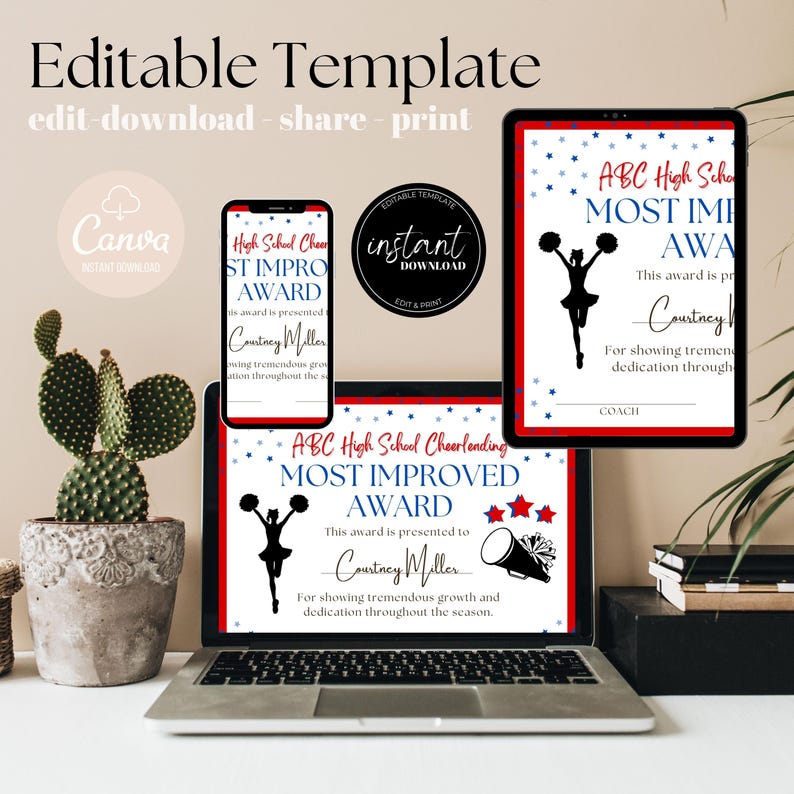 Editable Cheerleading Certificate, Cheer Award, Customize, Canva ...
