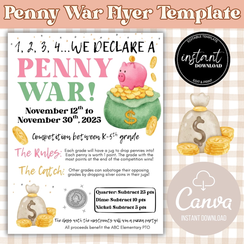 Penny War Flyer, Coin Fundraiser, Customizeable Flyer, PTA Canva ...