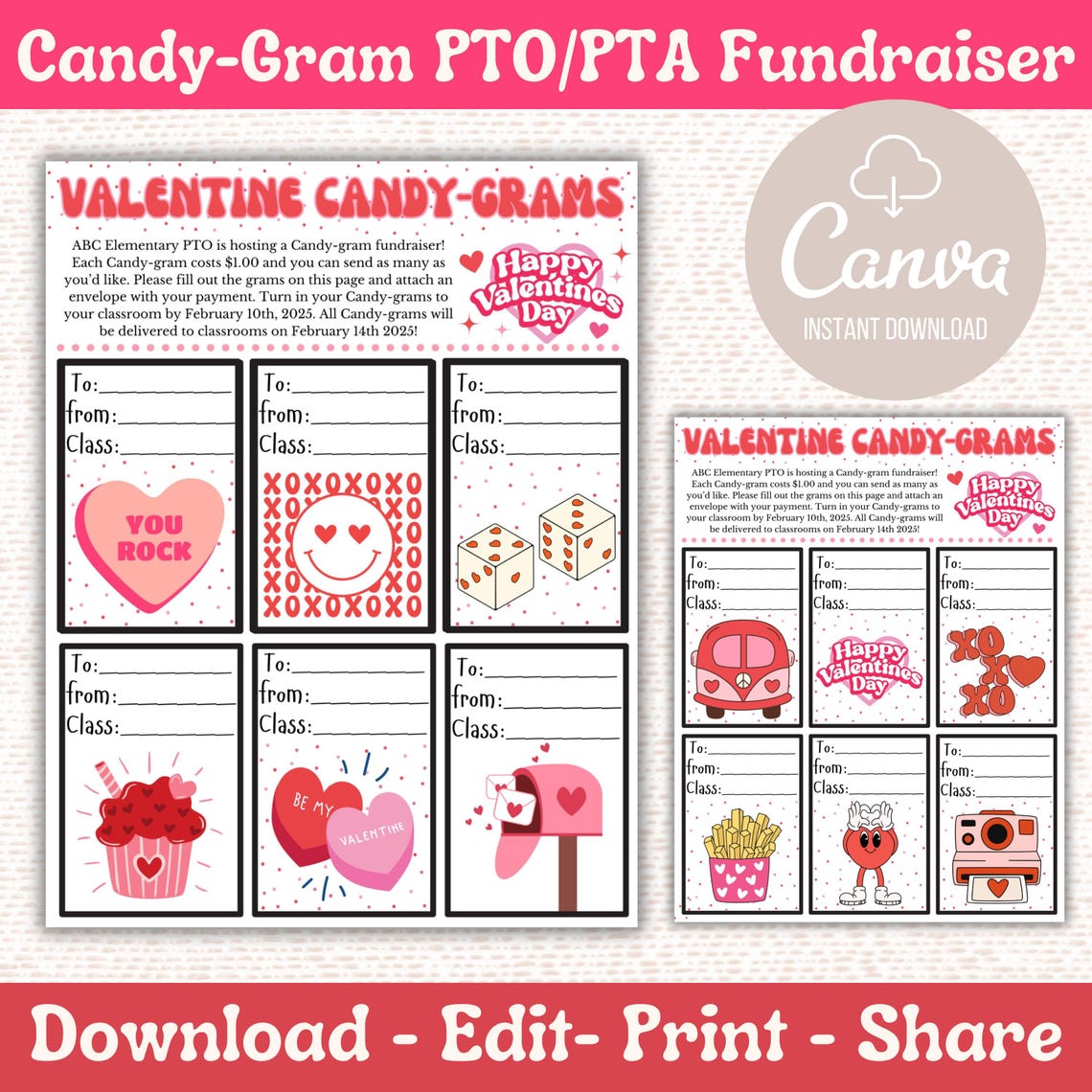 Candy Grams Fundraiser, Retro Editable Valentine Candy Grams, Printable ...
