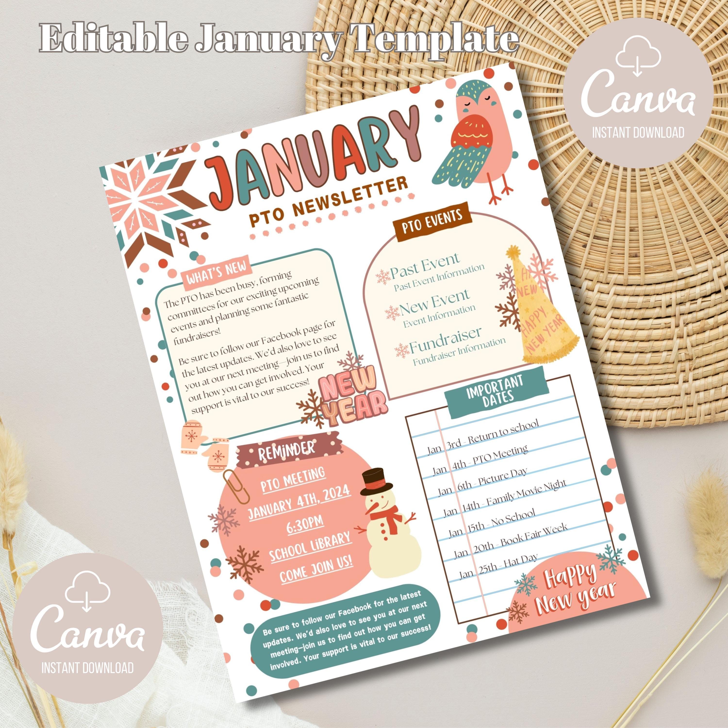 January Newsletter, PTO, PTA, Classroom Information, Canva Template ...