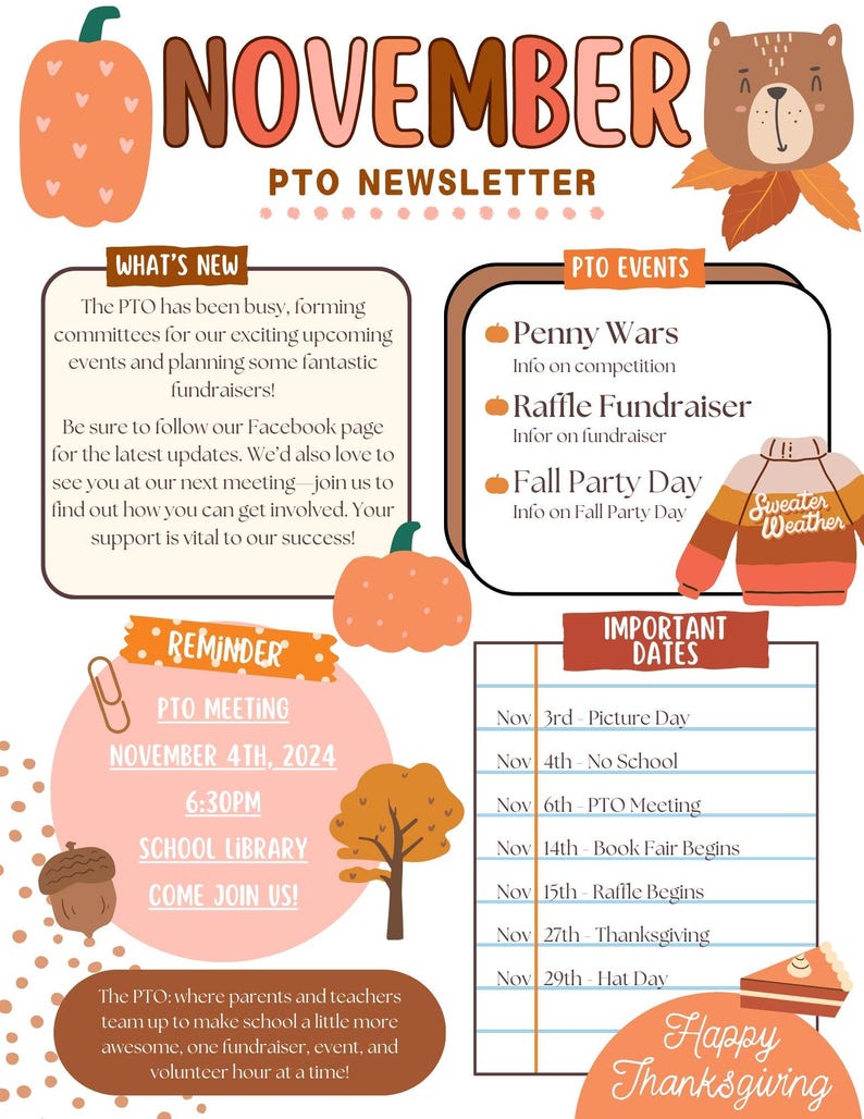 Cute November Newsletter, PTO News, PTA, Teacher Classroom, Fall ...