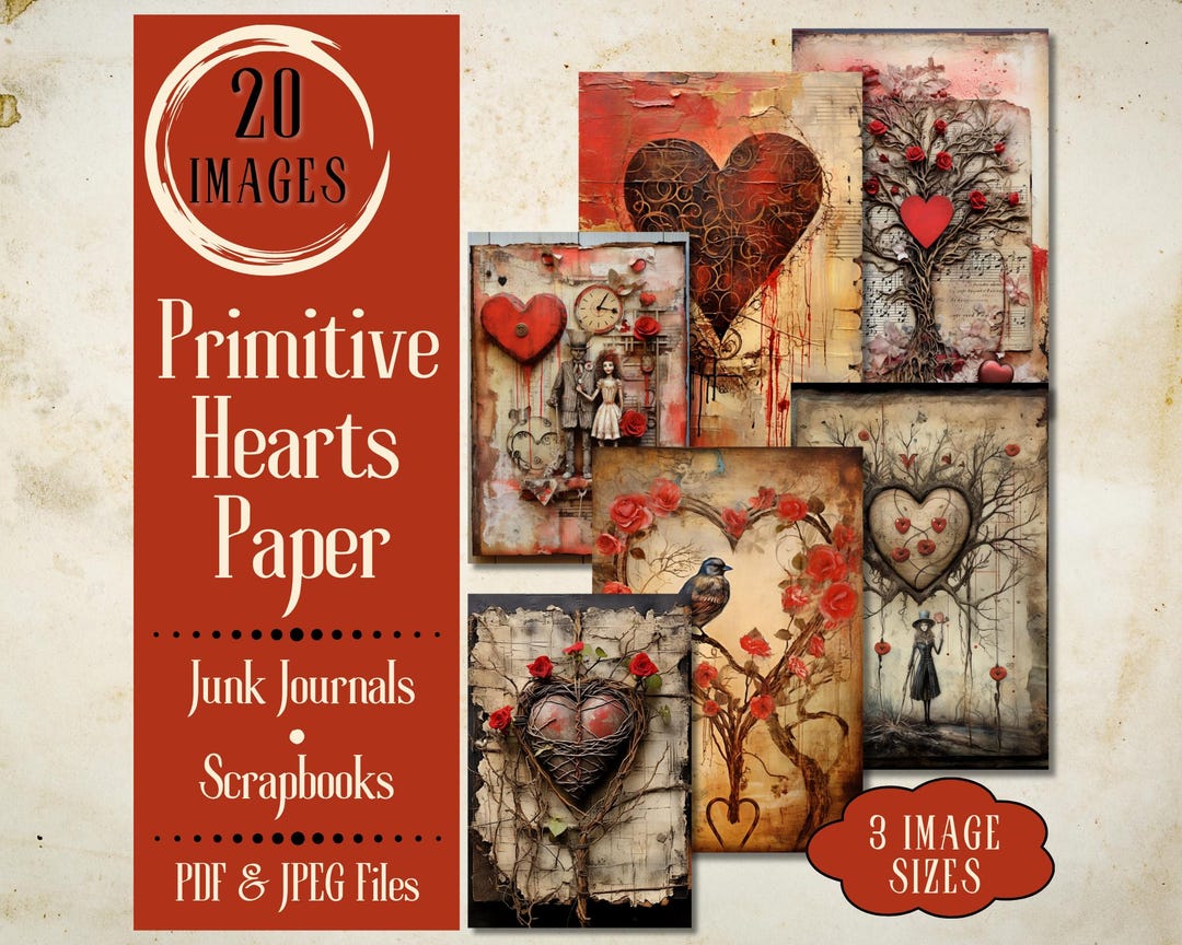Primitive Hearts Junk Journal Paper. Digital Paper of Primitive ...