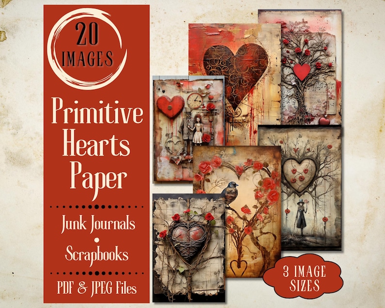 Primitive Hearts Junk Journal Paper. Digital Paper of Primitive ...
