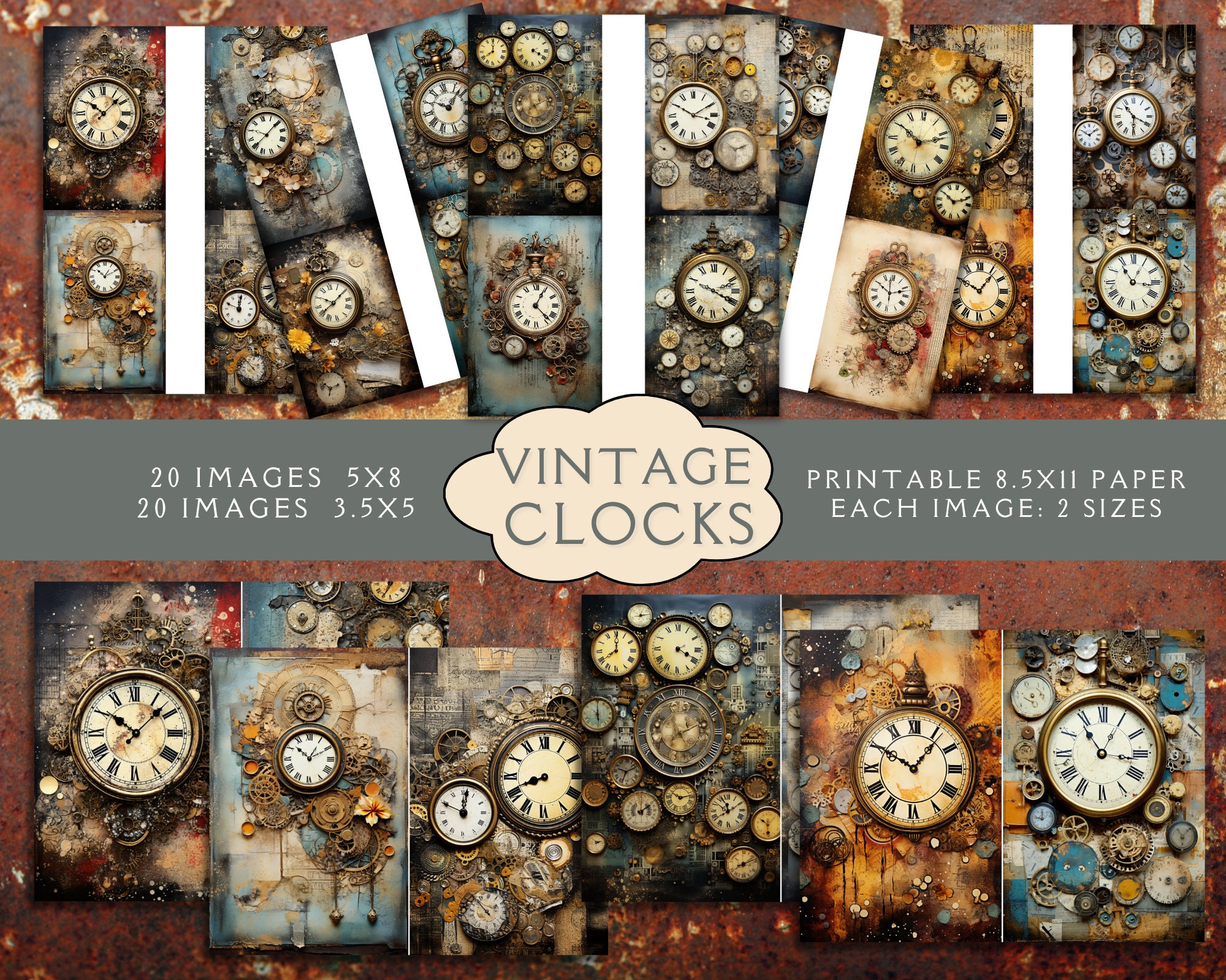 Vintage Clocks Junk Journal Paper. Digital Paper of Steampunk Watches ...