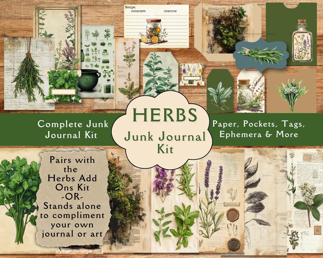 Herbs Junk Journal Kit. Botanical Digital Paper, Pockets, Tags, and ...