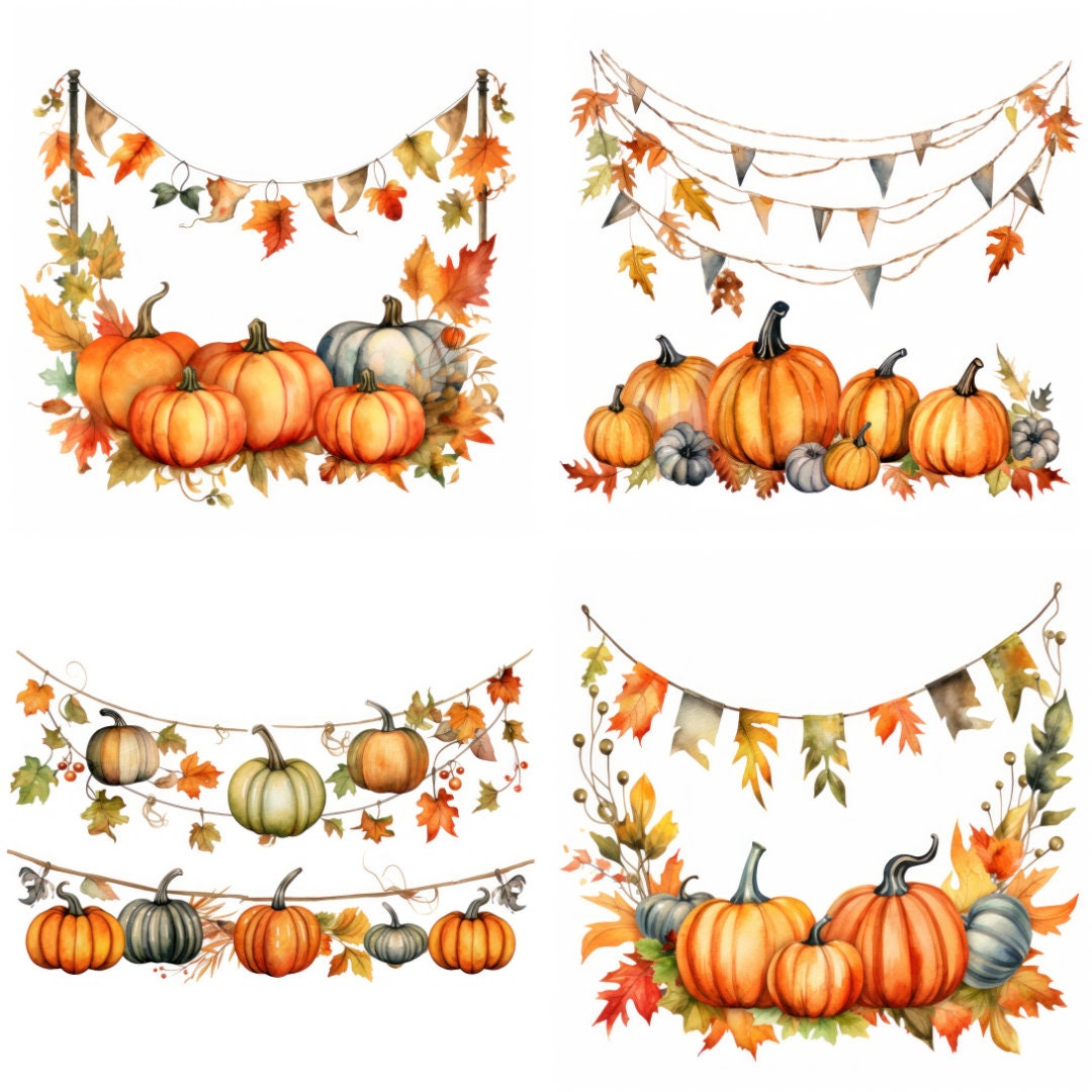Watercolor Fall Banner Bunting. Digital Paper for Cards - Etsy