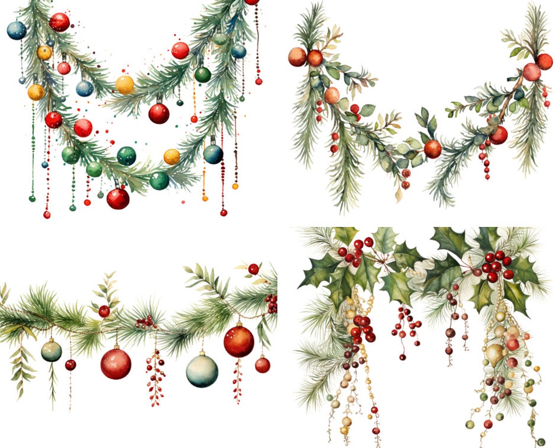 Watercolor Christmas Garland Fussy Cuts. Holiday Banner or Bunting ...