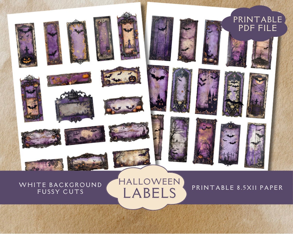 Vintage Grunge Purple Halloween Labels Clipart for Junk Journals ...