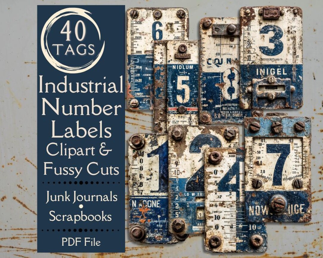 Industrial Grunge Number Label Fussy Cuts for Junk Journals. Digital ...