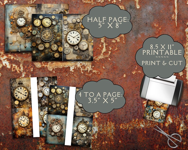 Vintage Clocks Junk Journal Paper. Digital Paper of Steampunk Watches for Junk Journals ...