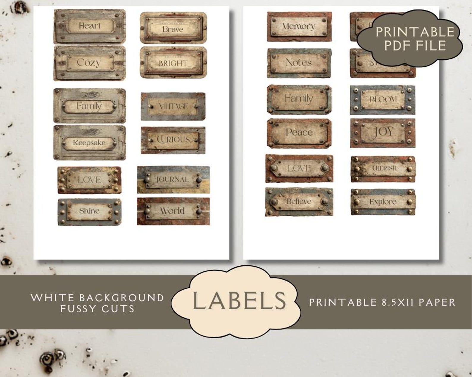 Vintage Grunge Junk Journal Labels. Digital Paper of Industrial Word ...