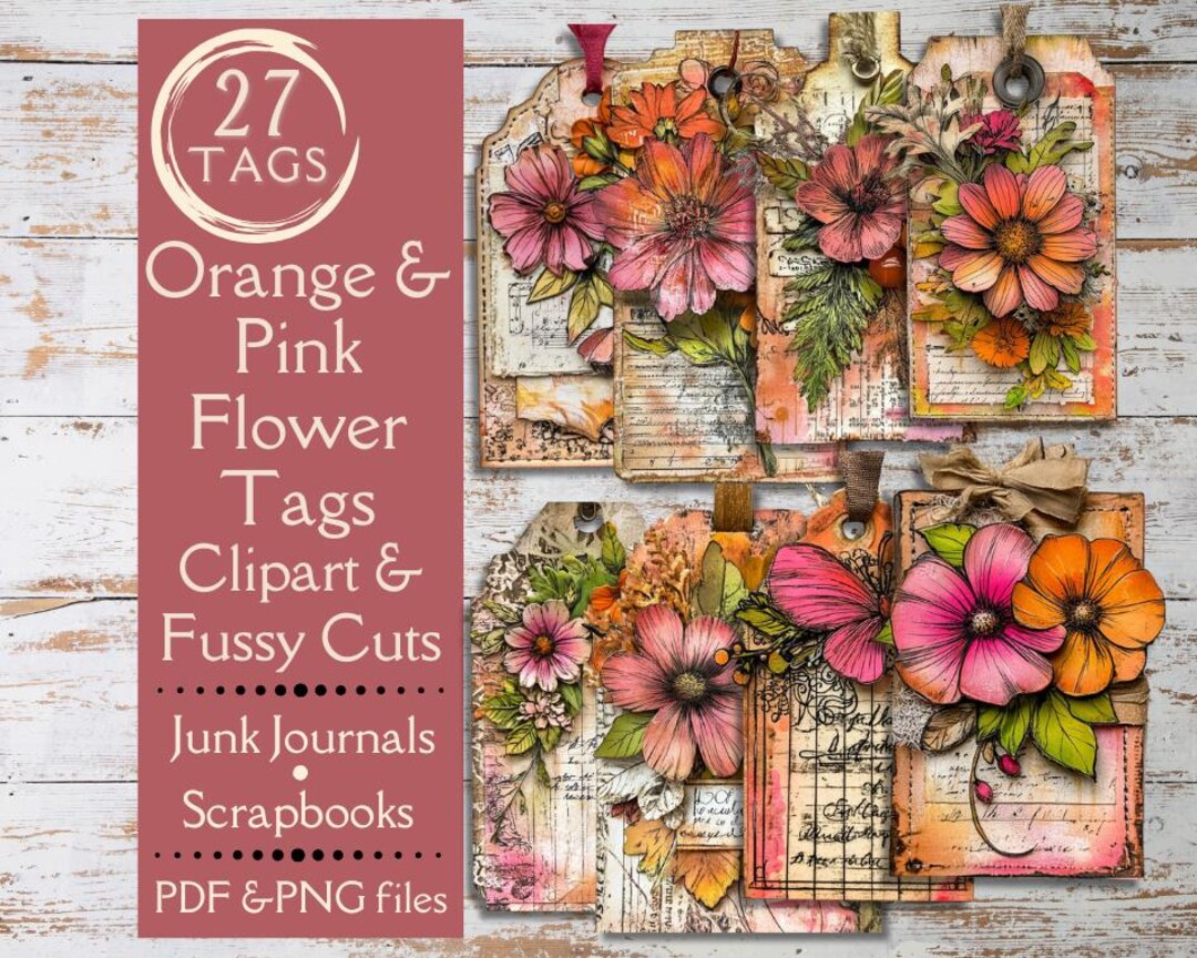 Vintage Orange and Pink Flower Junk Journal Tags. Digital Paper of ...