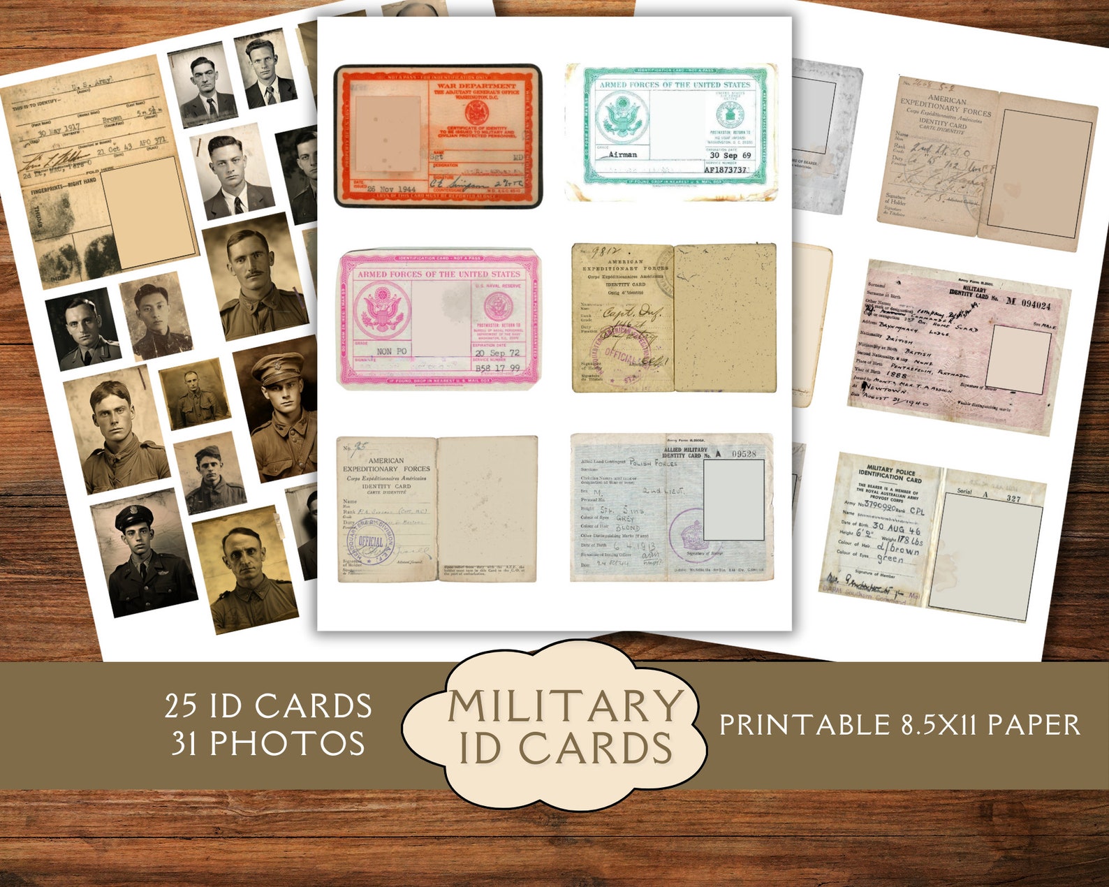Military ID Cards Junk Journal Ephemera. Digital Paper of Vintage ...