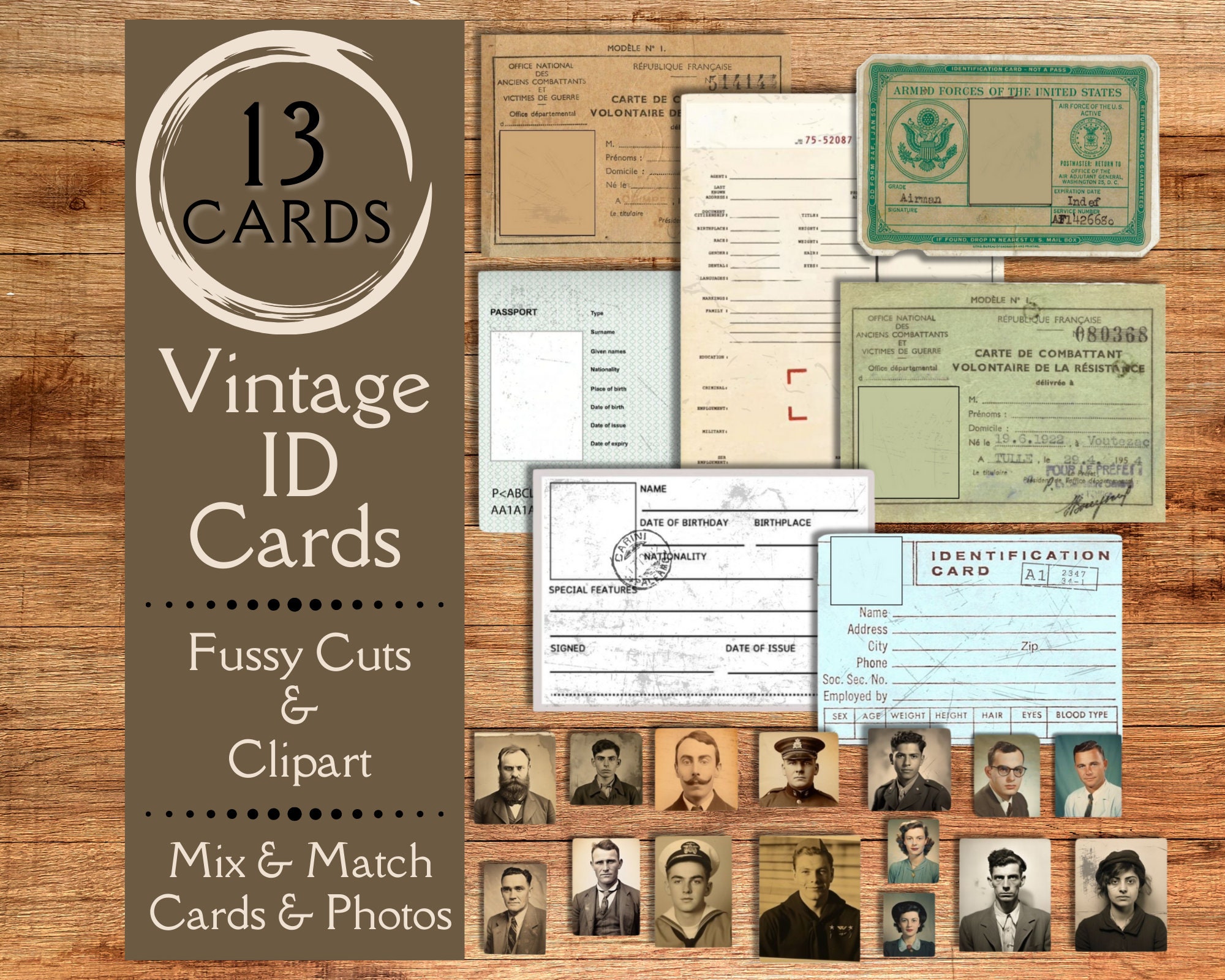 Vintage ID Cards and Photos Junk Journal Ephemera. Digital Paper of ...