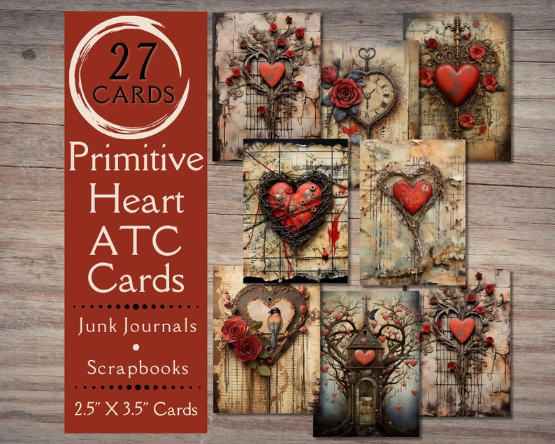 Primitive Heart ATC Cards Junk Journal Paper. Digital Paper of Folk Art ...