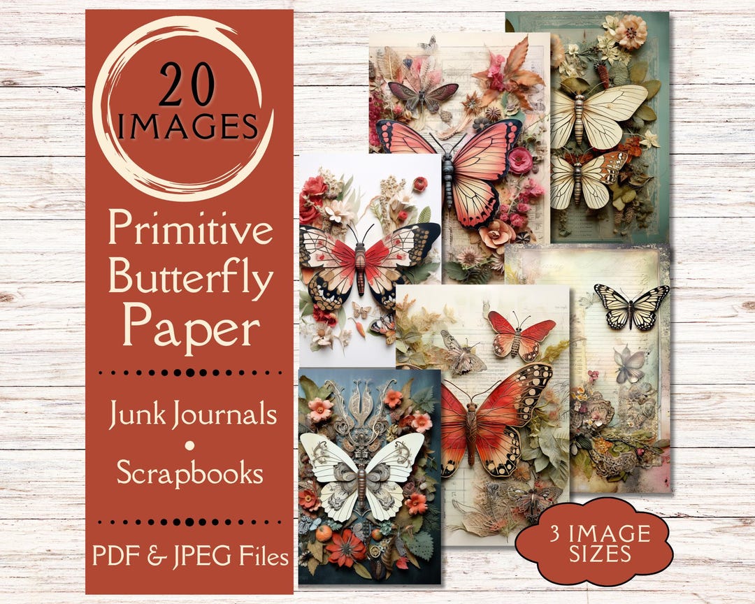 Primitive Butterfly Paper. Digital Scrapbook Paper of 3D Collage Moths ...