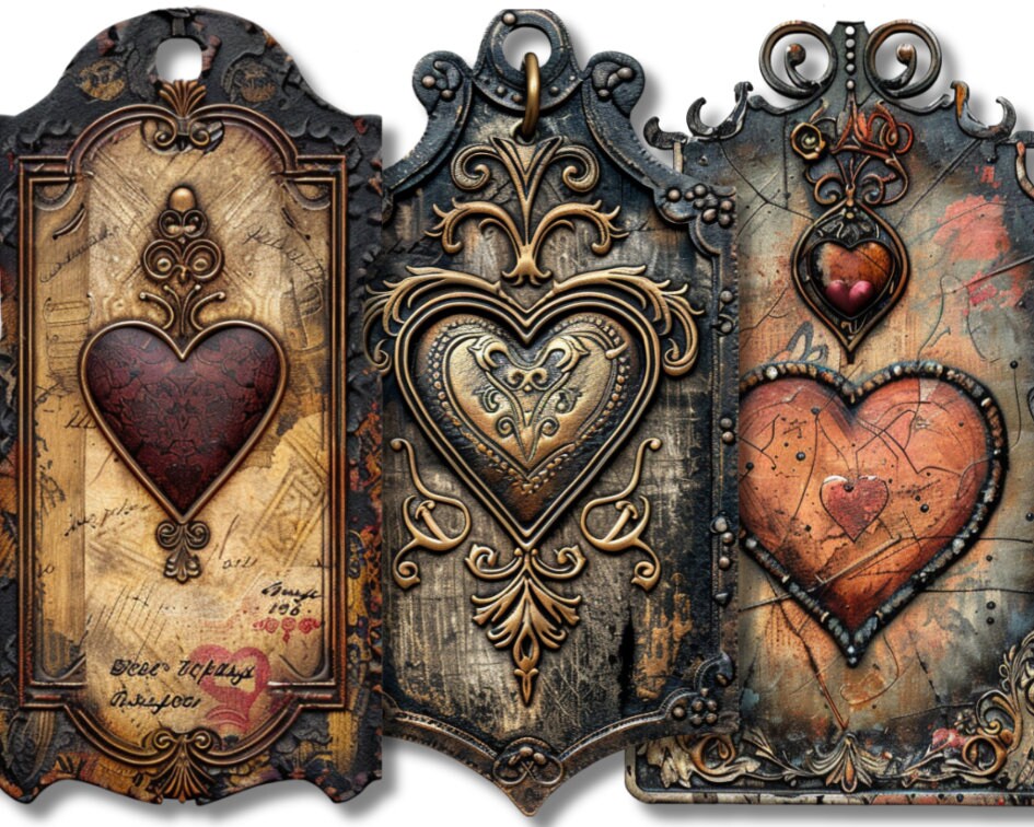 Vintage Junk Journal Tags. Digital Paper of Victorian Metal Heart Tags ...