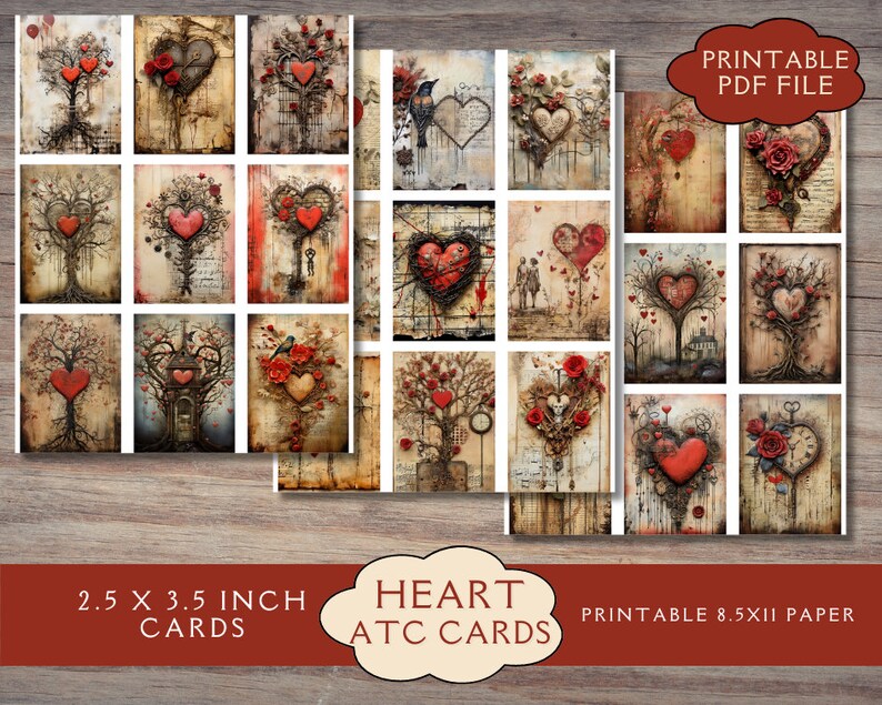 Primitive Heart ATC Cards Junk Journal Paper. Digital Paper of Folk Art ...