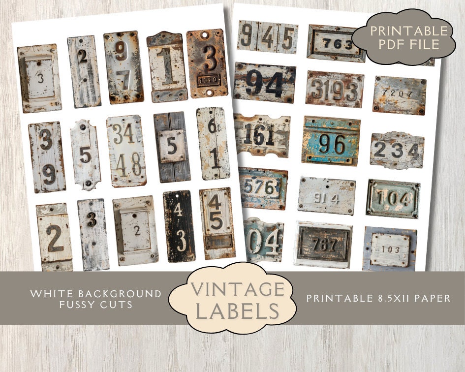 Vintage Grunge Number Junk Journal Labels. Digital Paper of Vintage ...