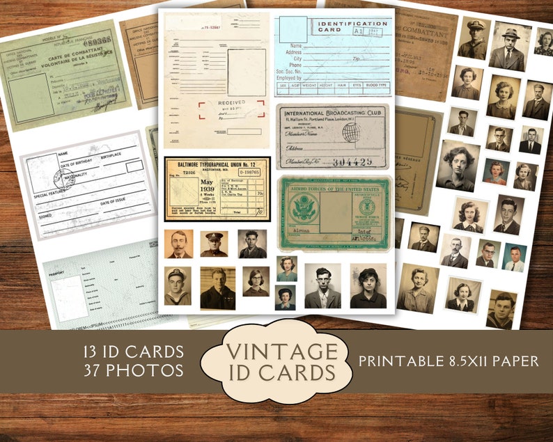 Vintage ID Cards and Photos Junk Journal Ephemera. Digital Paper of ...