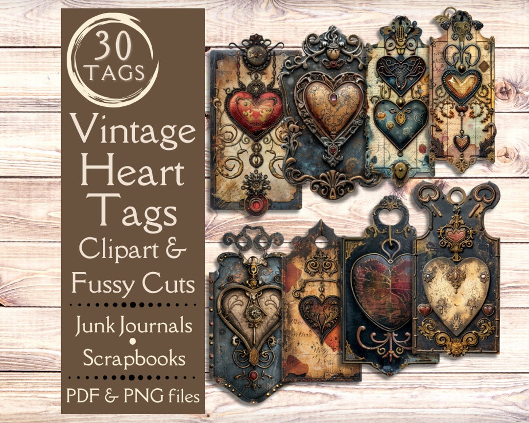 Vintage Junk Journal Tags. Digital Paper of Victorian Metal Heart Tags ...