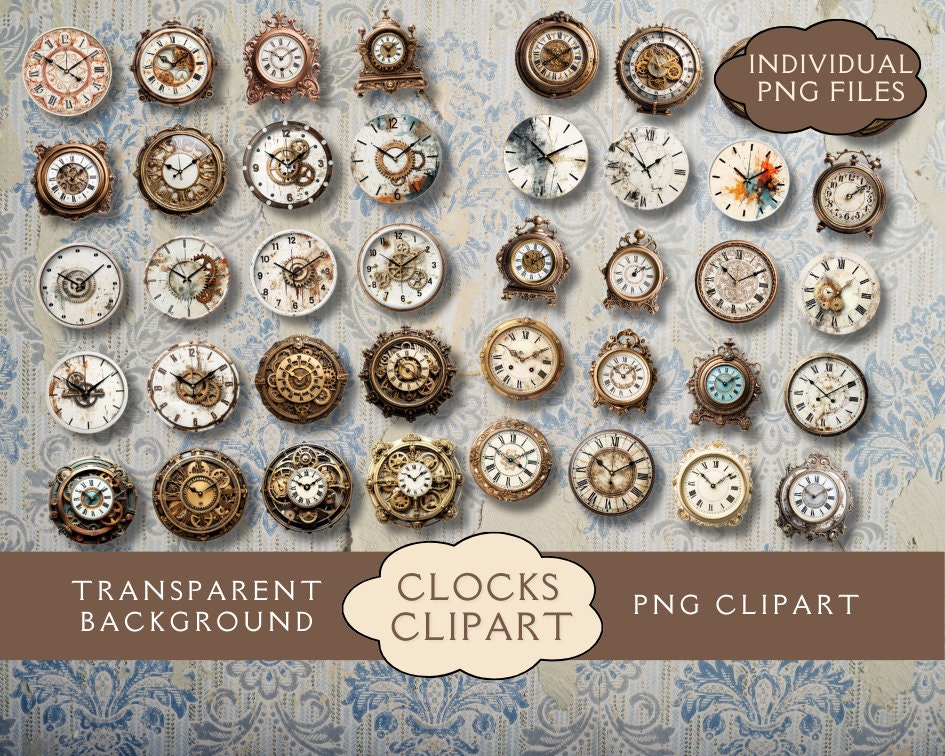 Vintage Clocks Fussy Cuts for Junk Journals. Digital Paper of Steampunk Clocks, Industrial ...