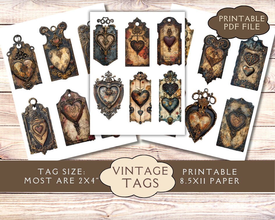 Vintage Junk Journal Tags. Digital Paper of Victorian Metal Heart Tags ...