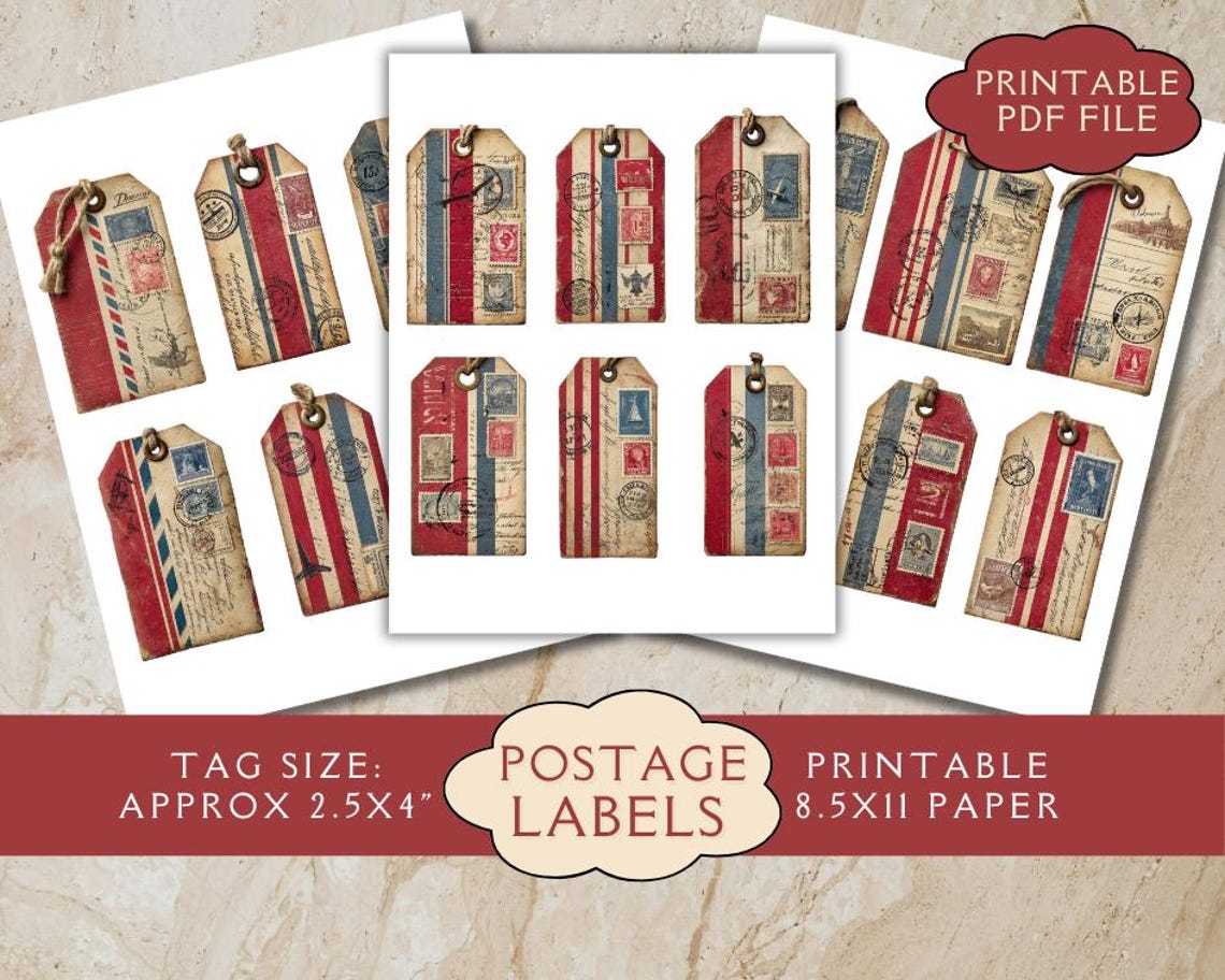 Vintage Postage Junk Journal Tags. Digital Paper of Mail Stamp Tags for ...