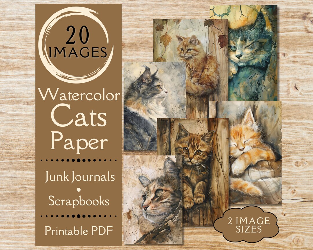 Whimsical Watercolor Cats Junk Journal Paper. Digital Paper of Country ...