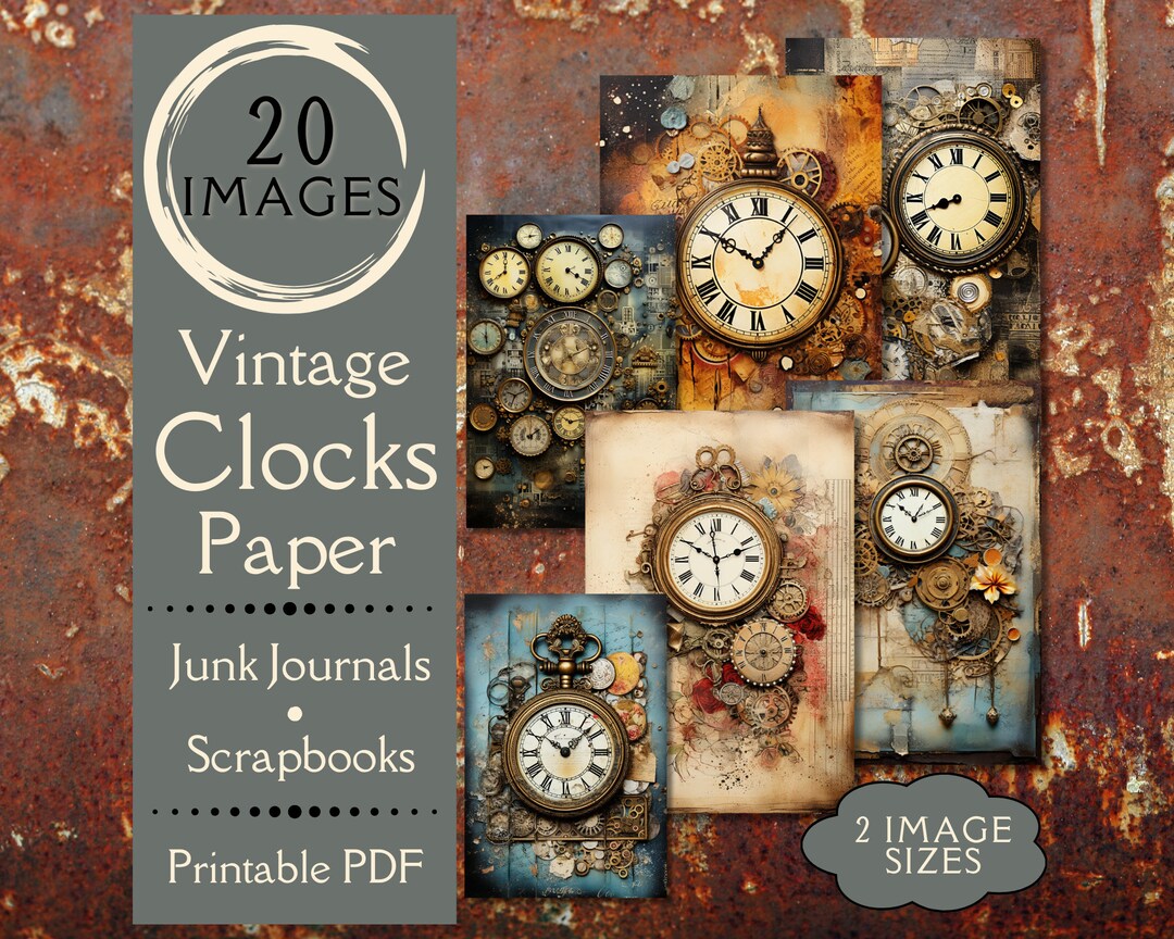 Vintage Clocks Junk Journal Paper. Digital Paper of Steampunk Watches for Junk Journals ...