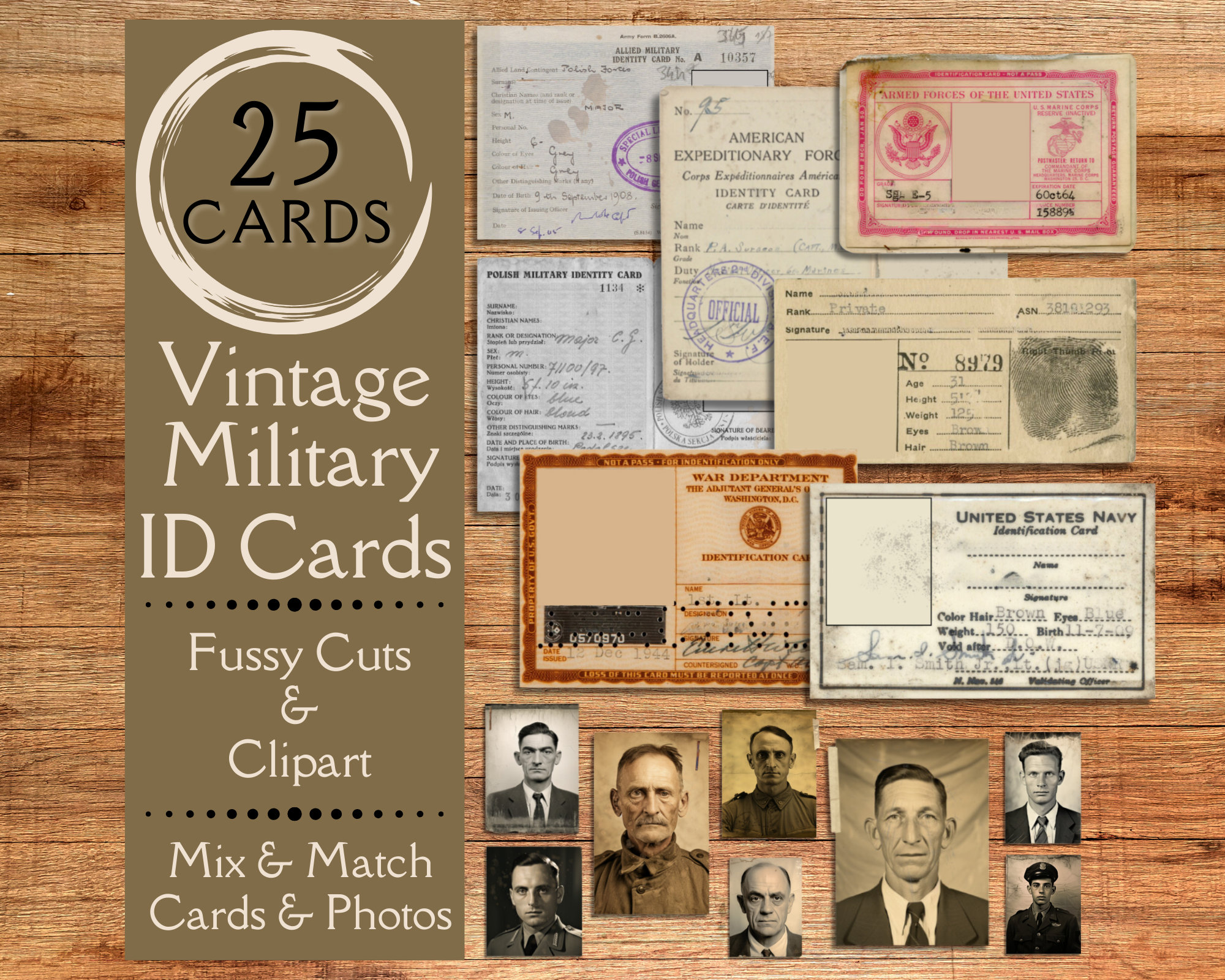 Military ID Cards Junk Journal Ephemera. Digital Paper of Vintage ...