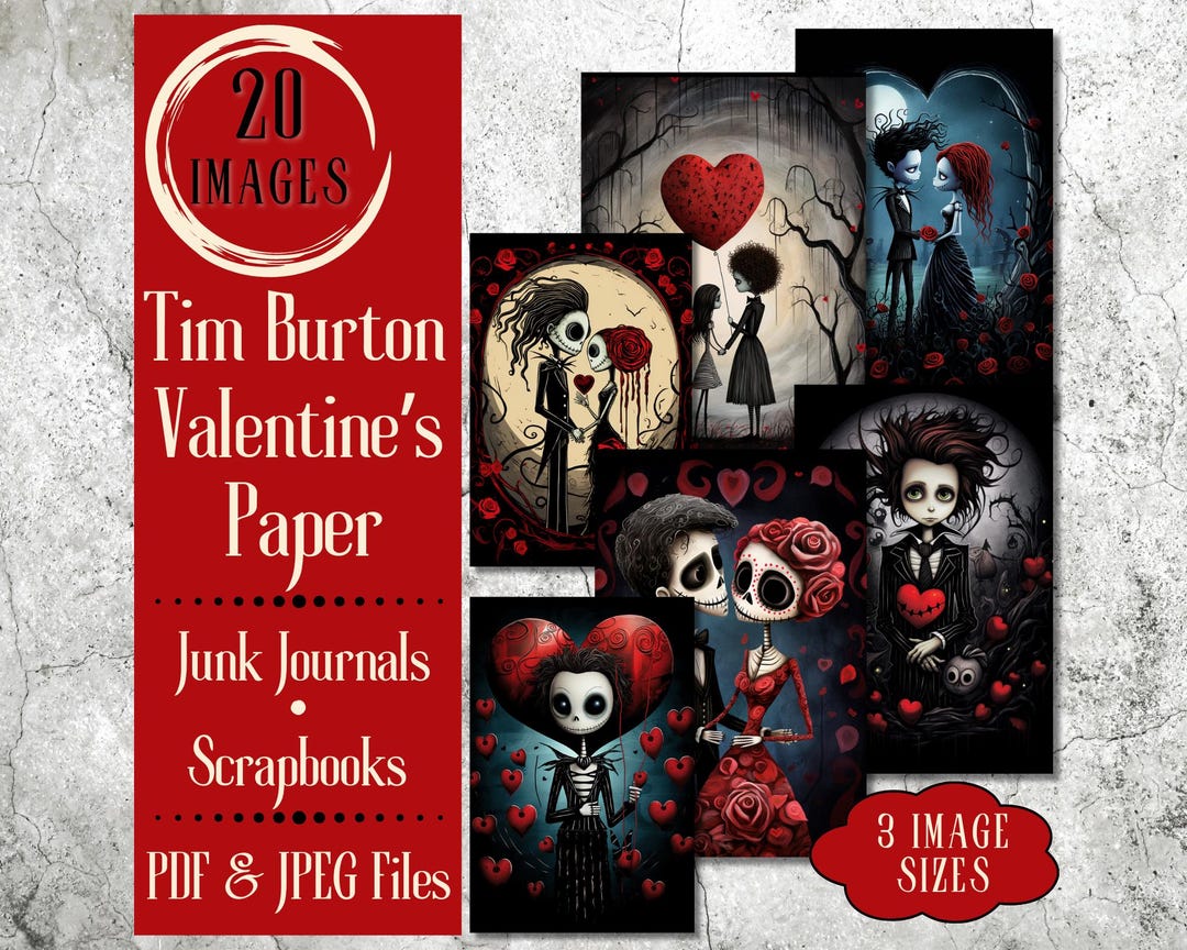 Tim Burton Style Gothic Valentine Cards Junk Journal Paper. Digital ...