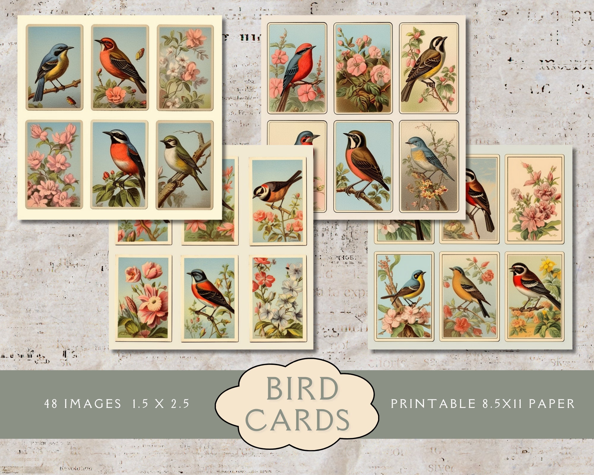 Vintage Watercolor Birds for Junk Journals. Digital Paper of Small ...