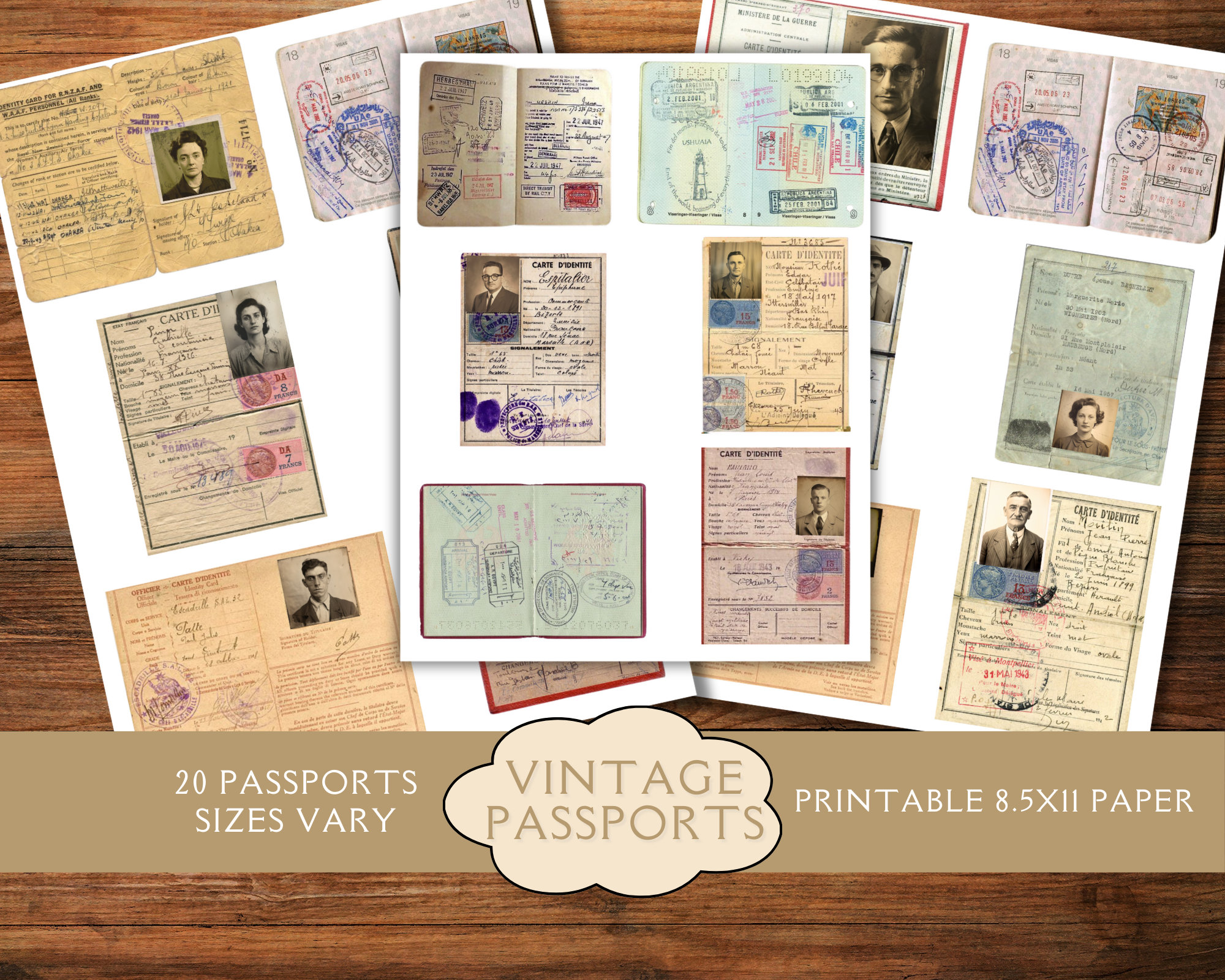 Vintage Passports Junk Journal Ephemera. Digital Paper of Antique ...