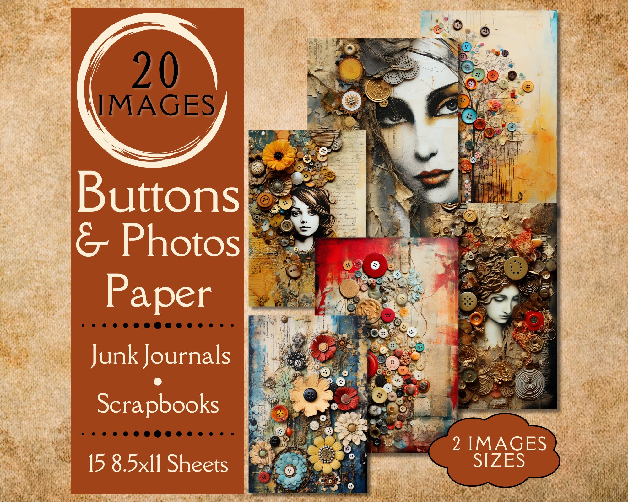 Primitive Buttons Junk Journal Paper. Digital Paper of Mixed Media ...