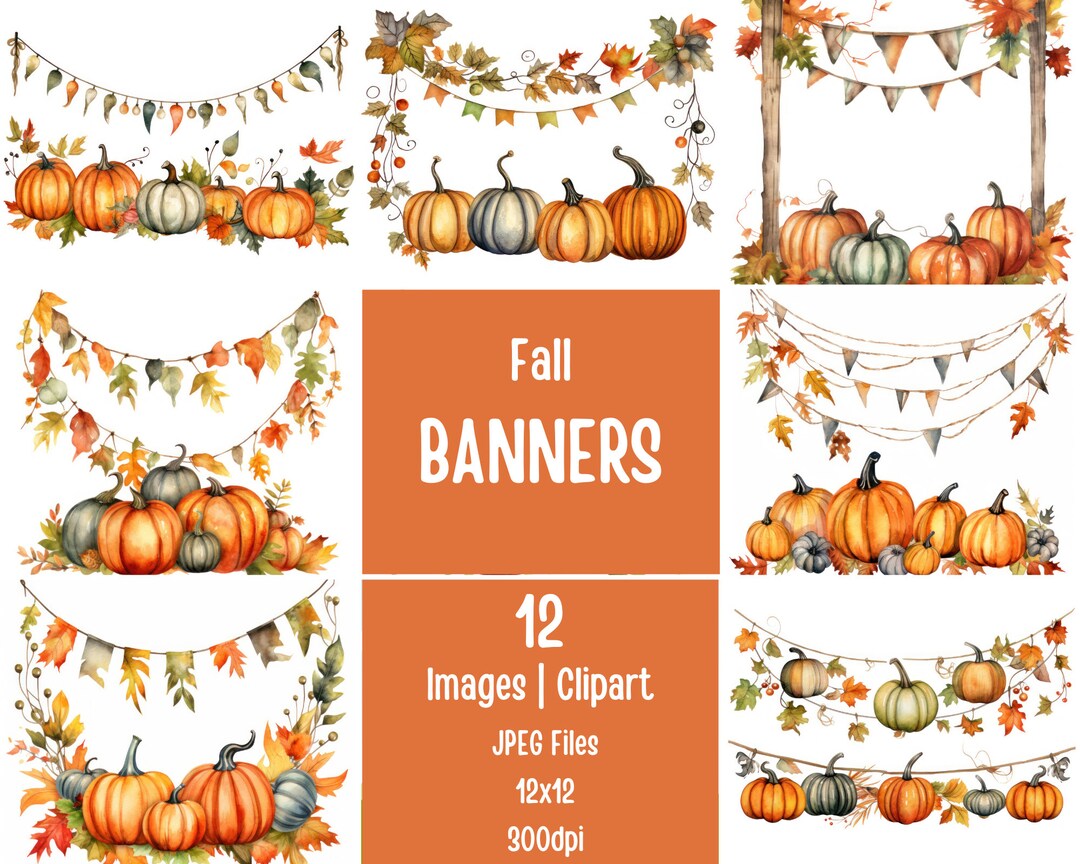 Watercolor Fall Banner Bunting. Digital Paper for Cards, Decorations ...