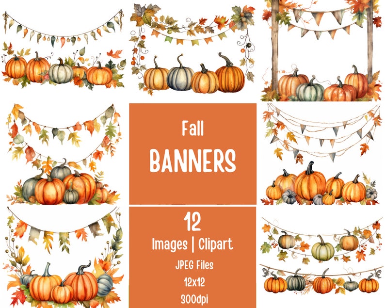 Watercolor Fall Banner Bunting. Digital Paper for Cards - Etsy
