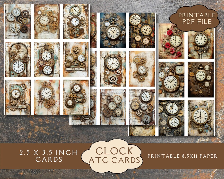 Steampunk Clock ATC Cards Junk Journal Paper. Digital Paper of Vintage Watch Journal Cards. for ...