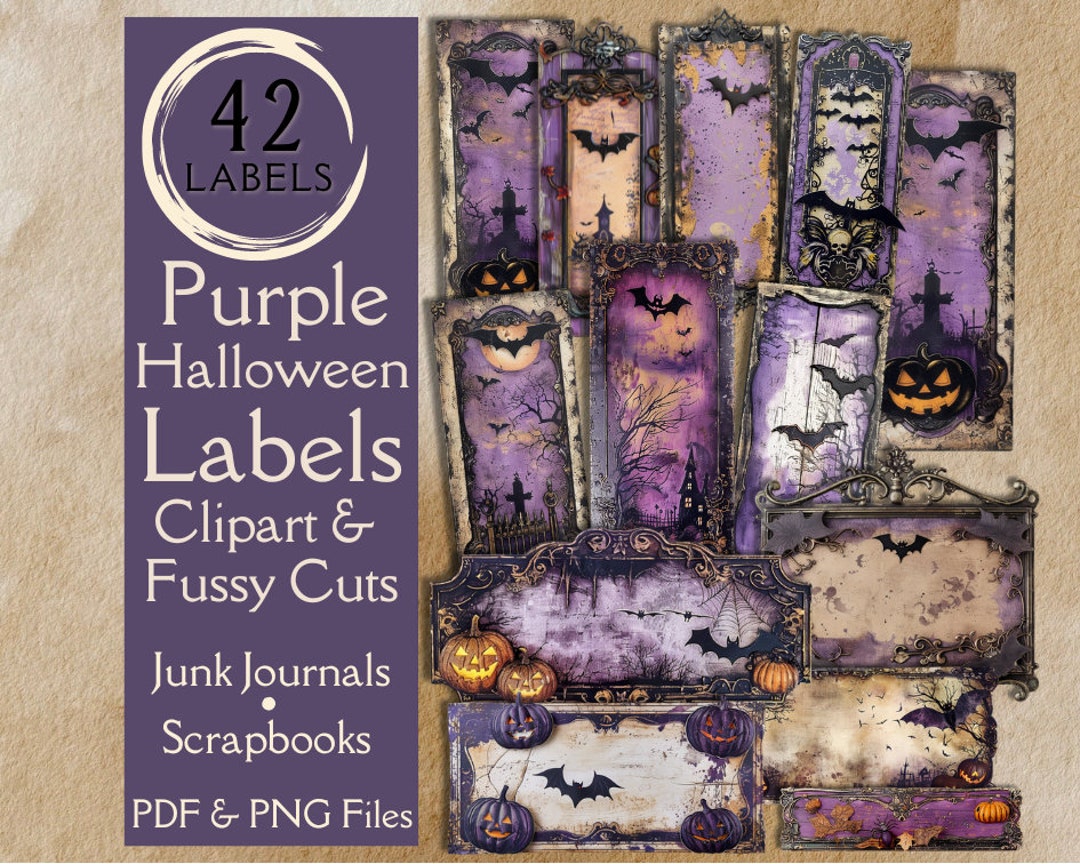 Vintage Grunge Purple Halloween Labels Clipart for Junk Journals ...