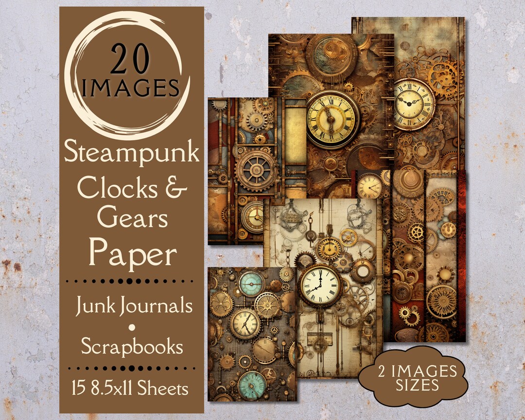 Steampunk Clocks and Gears Junk Journal Paper. Steampunk Digital Paper of Industrial Grunge ...