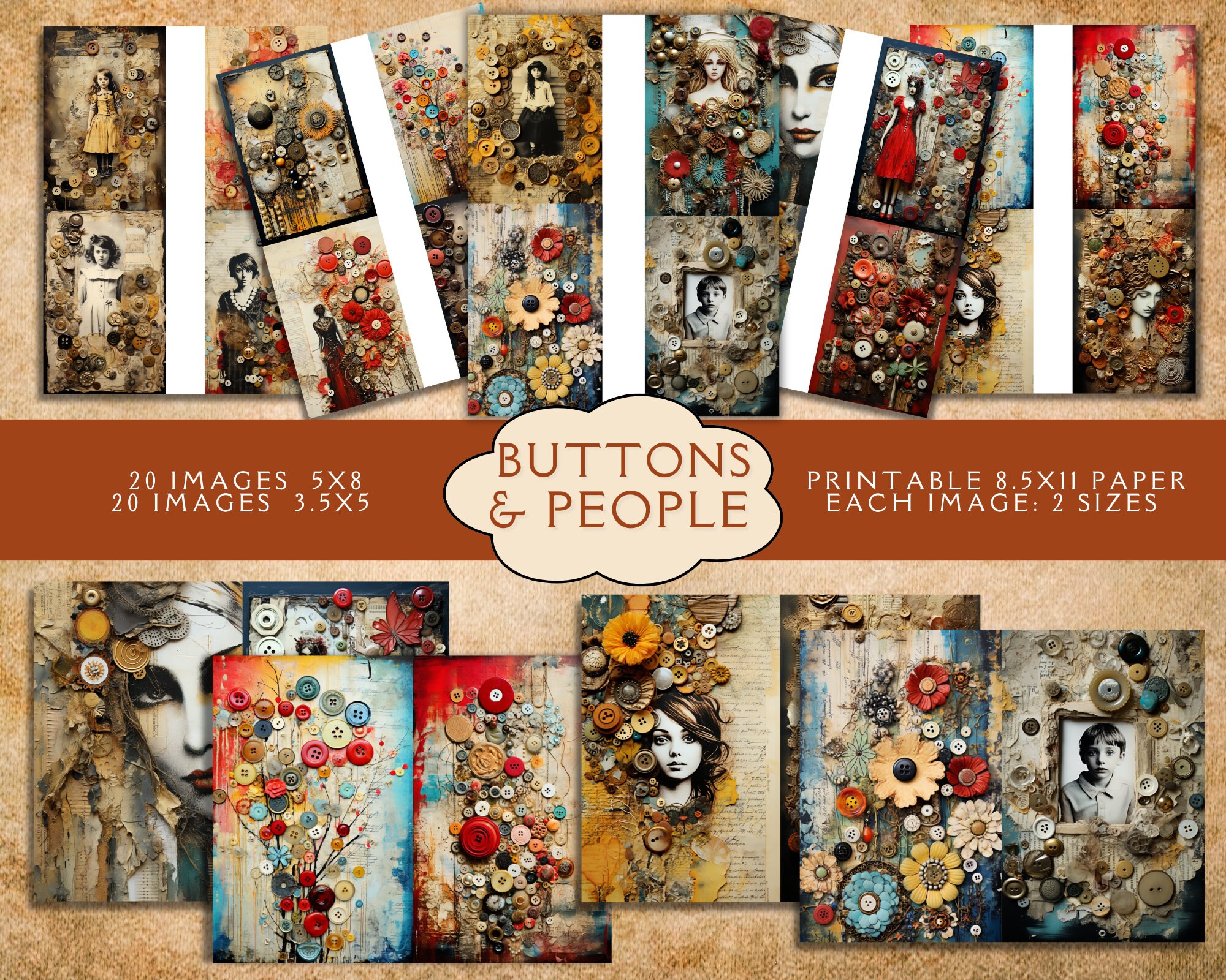 Primitive Buttons Junk Journal Paper. Digital Paper of Mixed Media ...