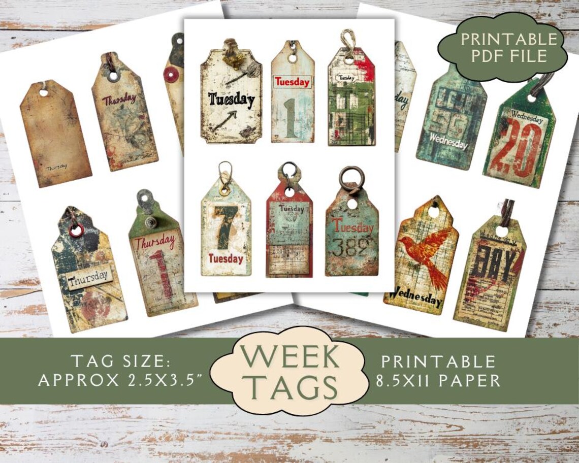 Days of the Week Junk Journal Tags. Digital Paper of Vintage Grunge ...